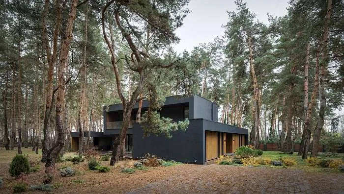 Modern Forest House with Inner Courtyard | Black Stone